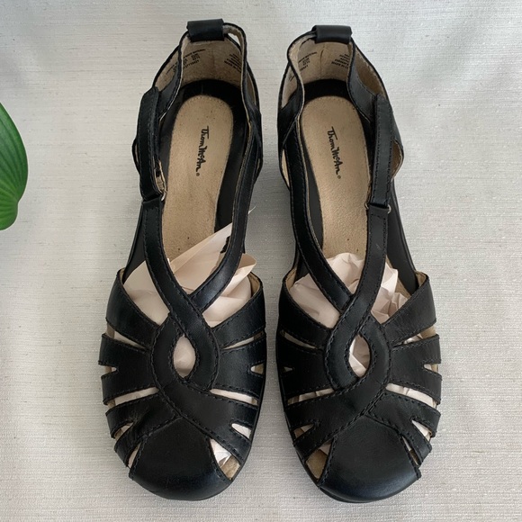 Thom McAn | Shoes | Thom Mcan Deborah Black Leather Ankle Strap Wedge ...